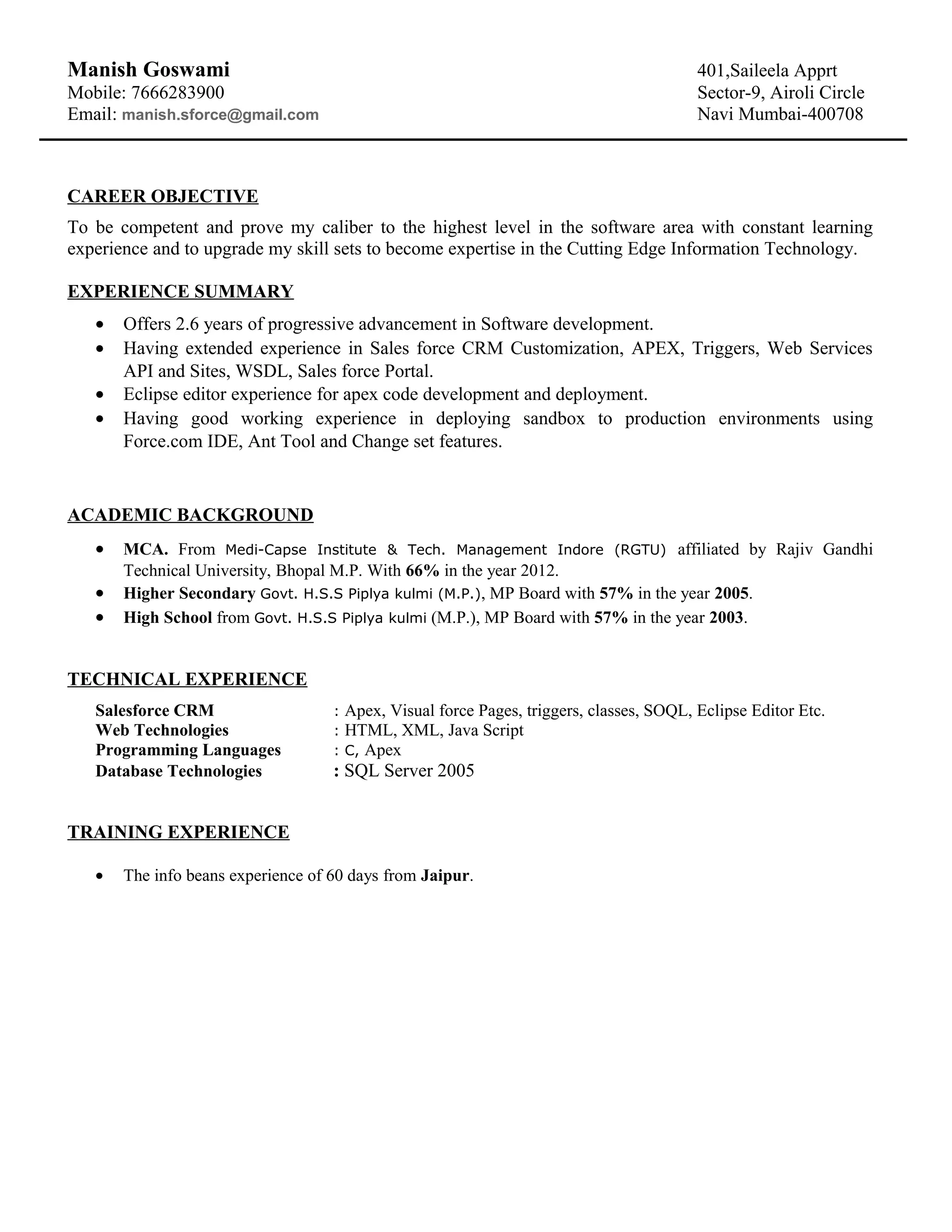 Manish Goswami Update Resume Pdf