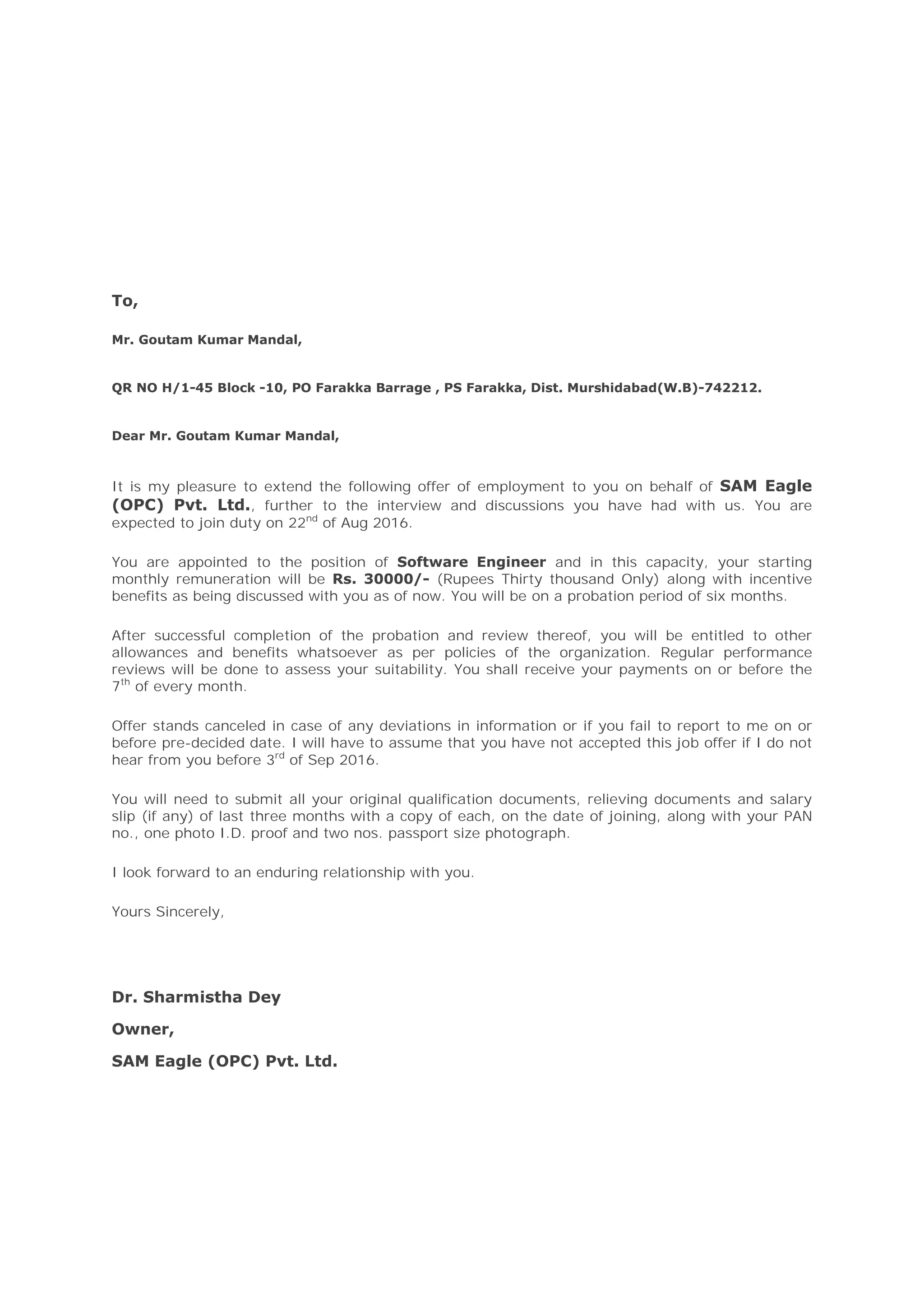 SAM offer letter-Mr. Goutam Kumar Mandal | PDF
