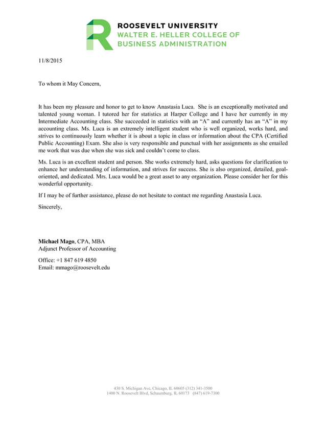 Anastasia Luca Letter of Recommendation | PDF | College Education | Education