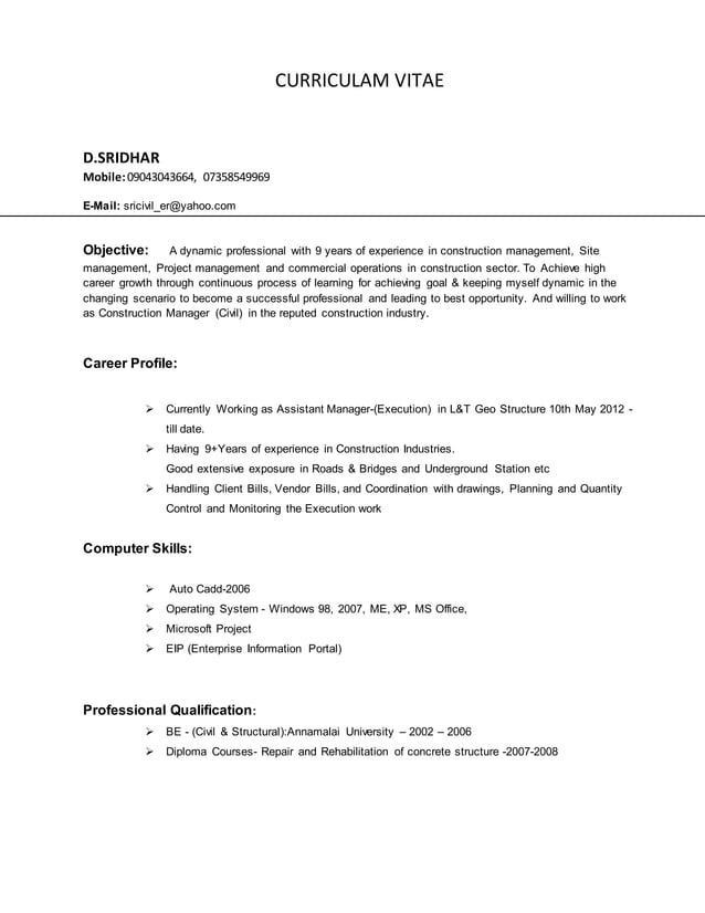 CURRICULAM VITAE - M | DOCX | Civil Engineering Industry | Industries