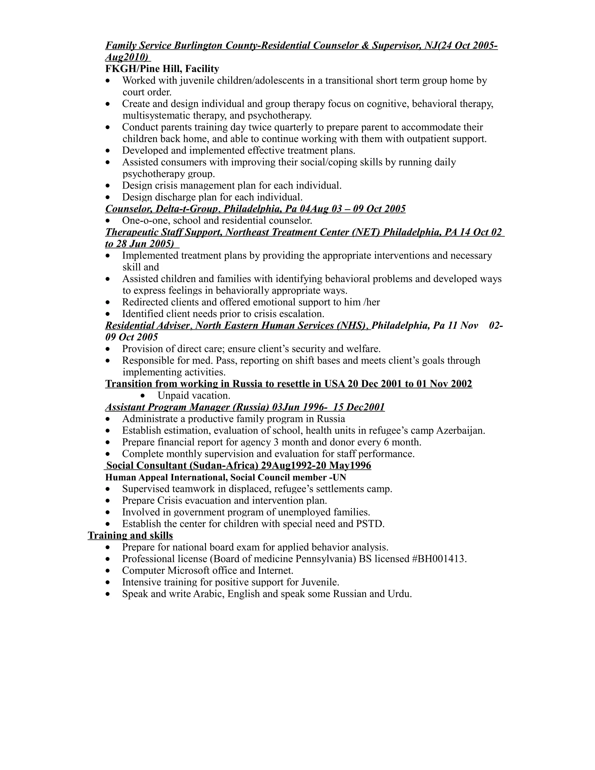 Resume for the licence in PA (2) for internationa | DOC