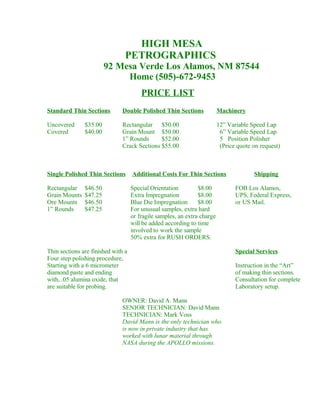 High mesa price list 2015 | DOC