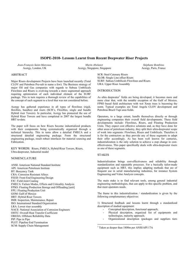 ISOPE-2010-TCP-0462 Lessons Learnt from deepwater Riser Projects | PDF