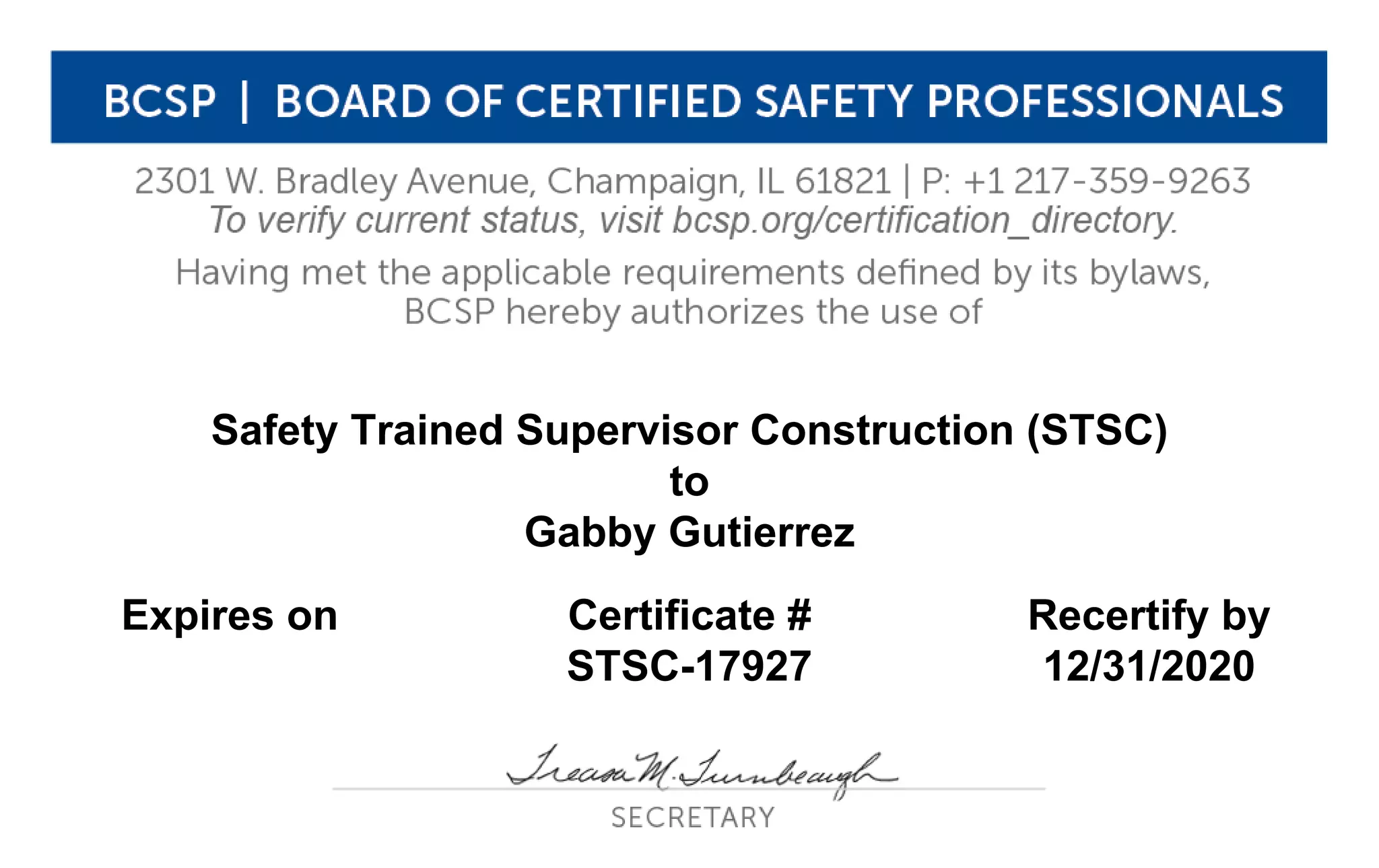 Gabby Gutierrez-BCSP-STSC Certificate | PPT