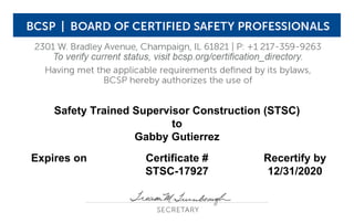 Gabby Gutierrez-BCSP-STSC Certificate | PPT