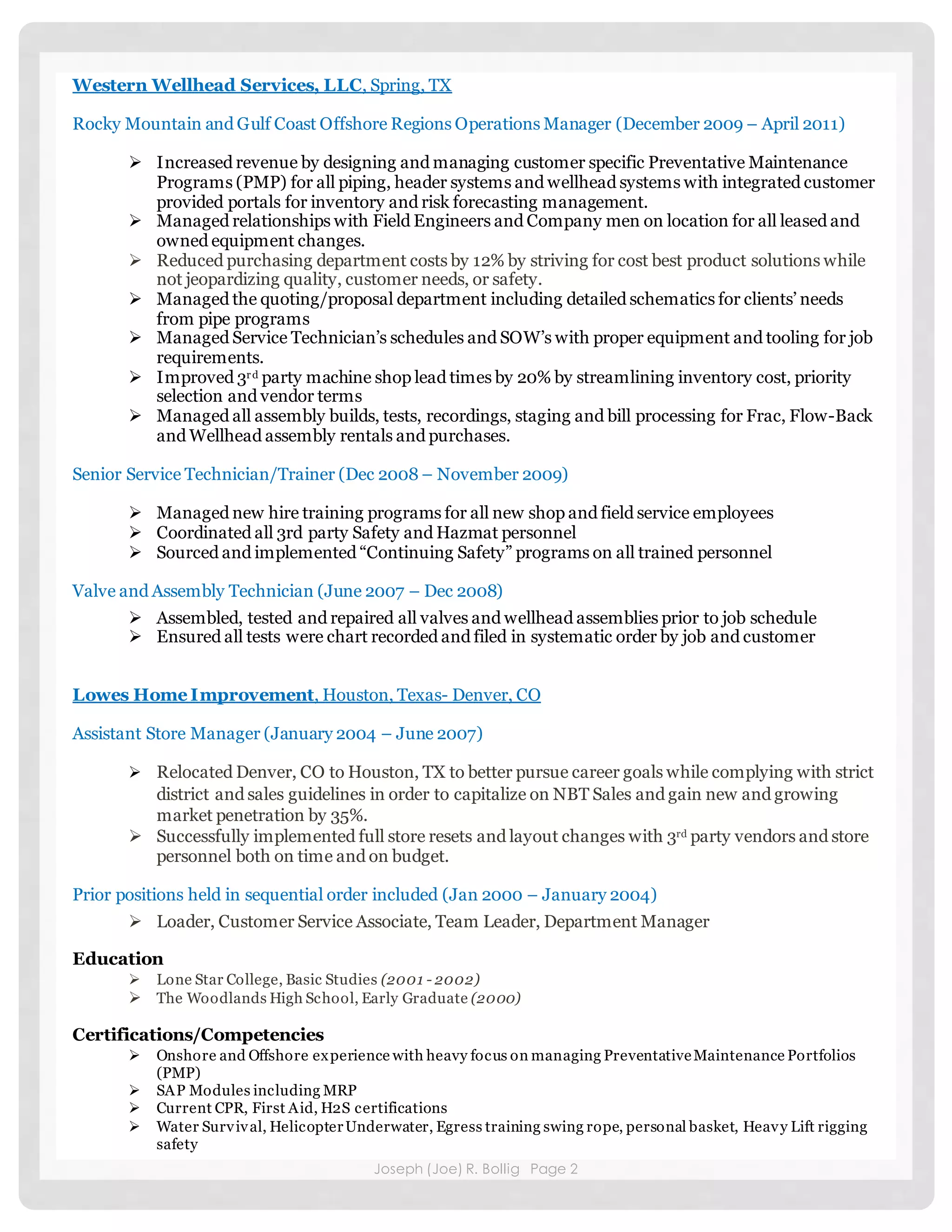 Joe Bollig-Resume | DOCX | Logistics | Business