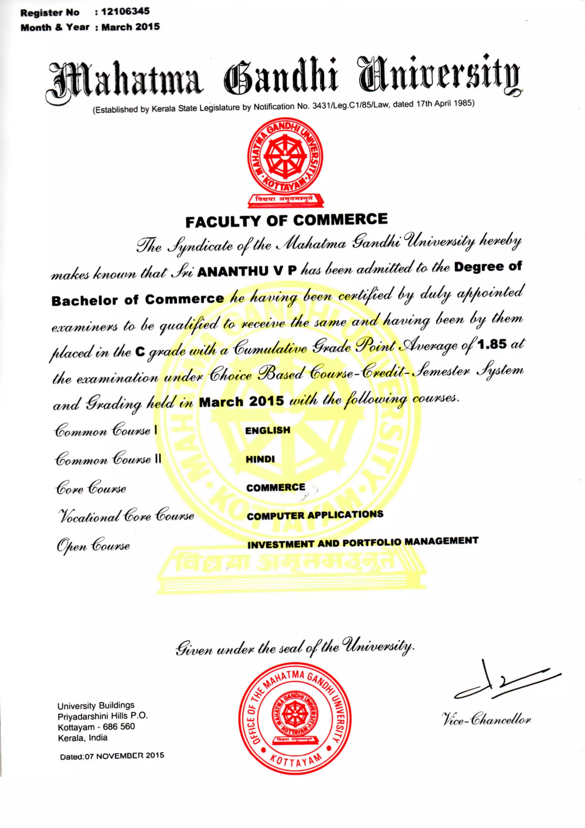 MG University Bachelor's Certificate | PDF