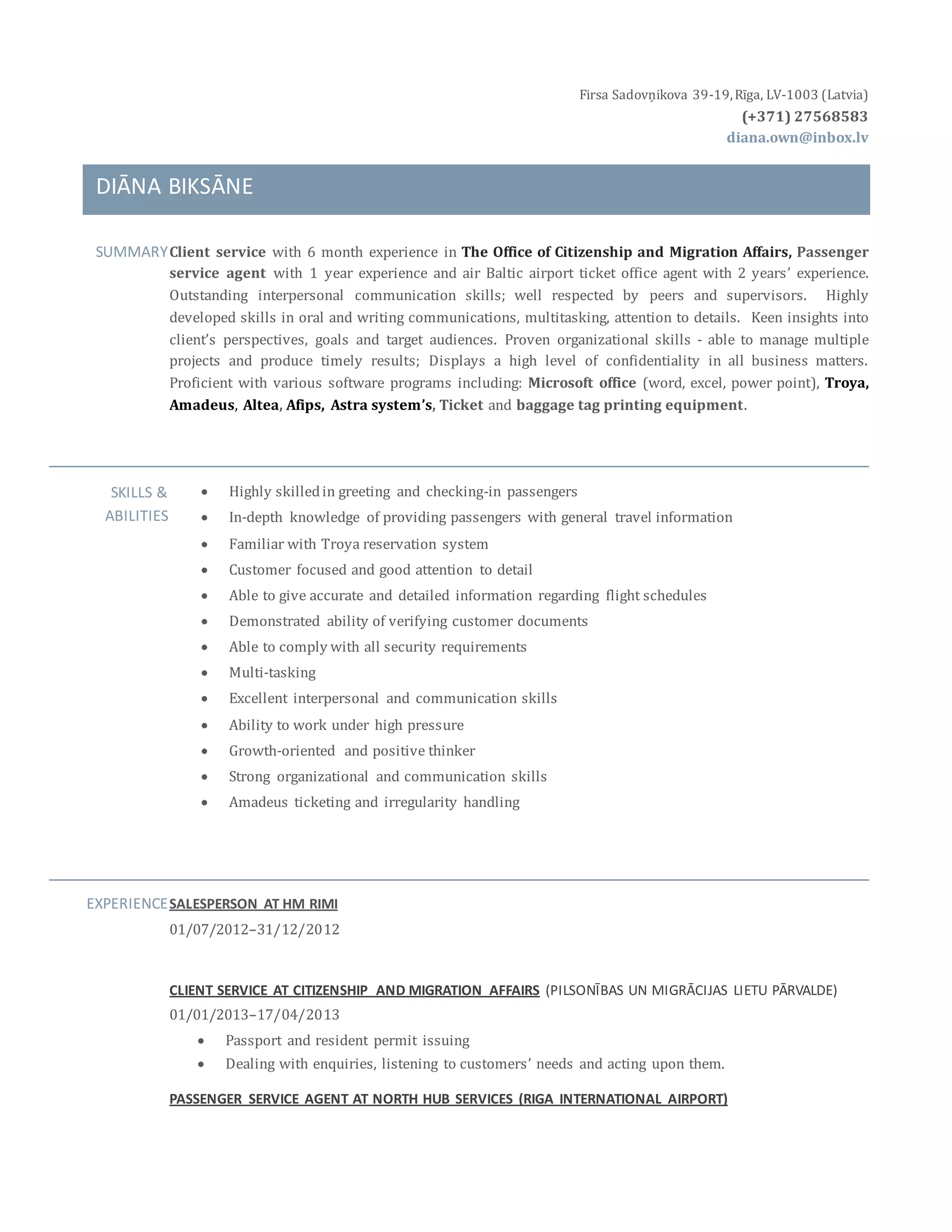 CV-Diana-Biksane | DOCX | Air Travel | Travel Type