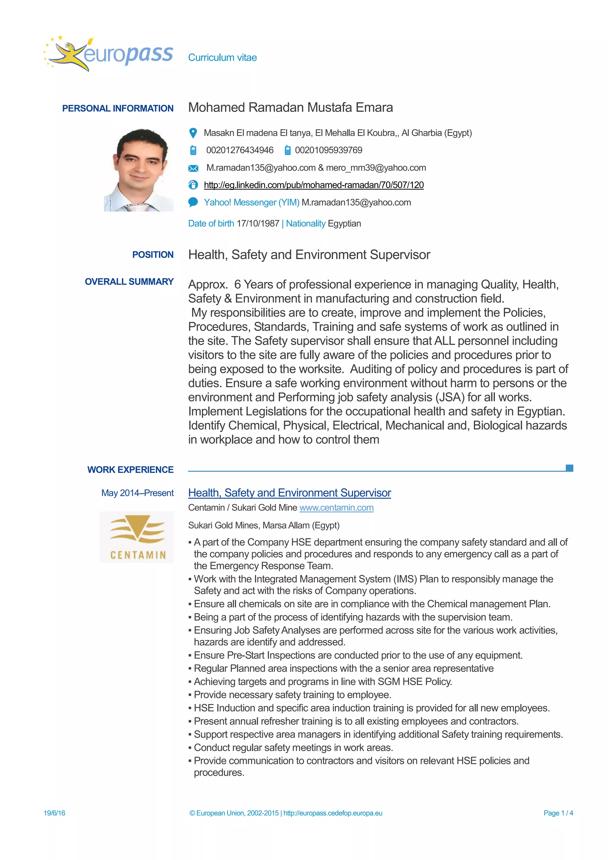 Mohamed Ramadan's CV QHSE | PDF