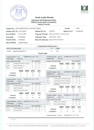 English Certificate and Transcript AOU (KSA) | PDF
