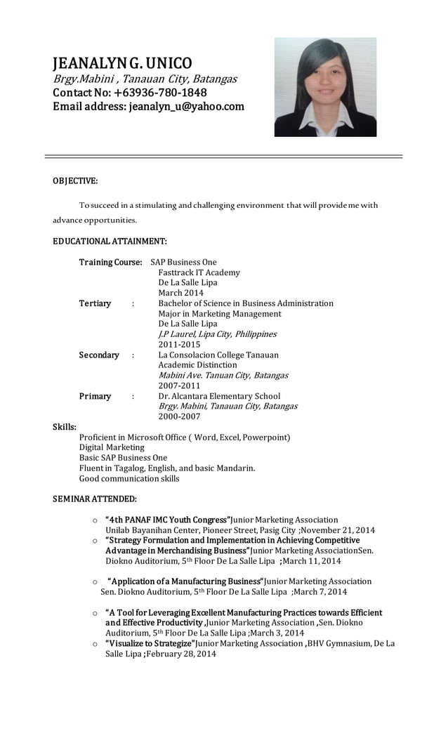 Unico, Jeanalyn G resume NEW 2 | DOCX | Business | Business and Finance