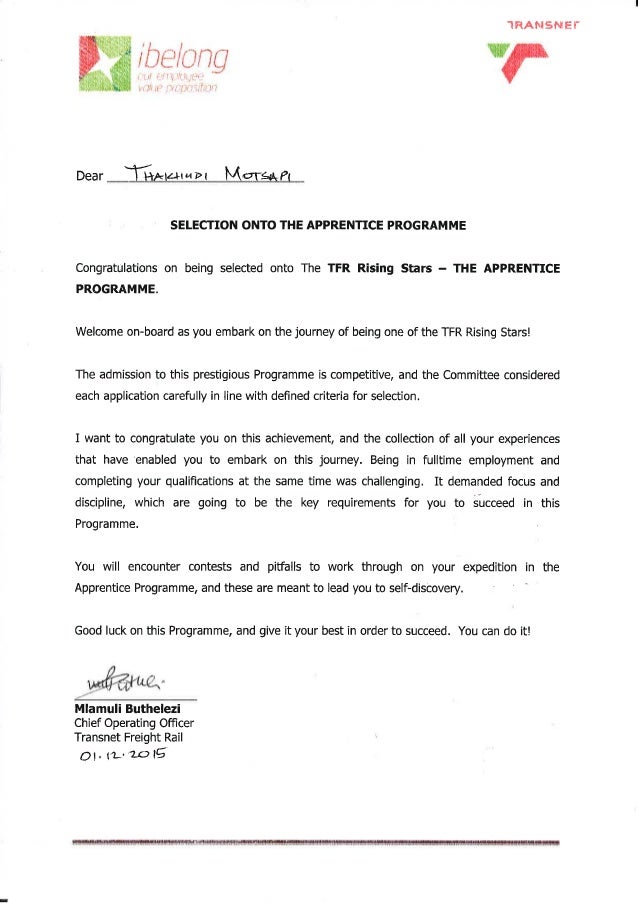 APPRENTICESHIP APPOINTMENT LETTER APPRENTICESHIP APPOINTMENT LETTER