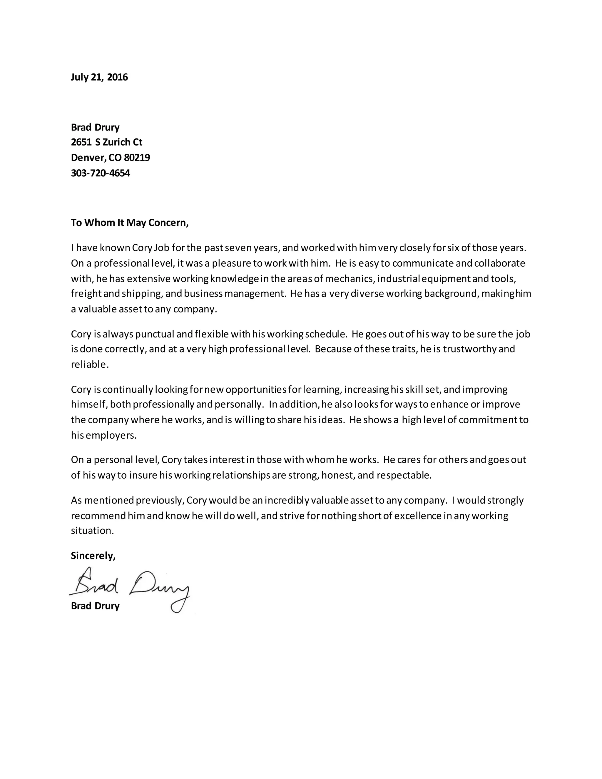 Cory Job - Letter of Recommendation brad | PDF