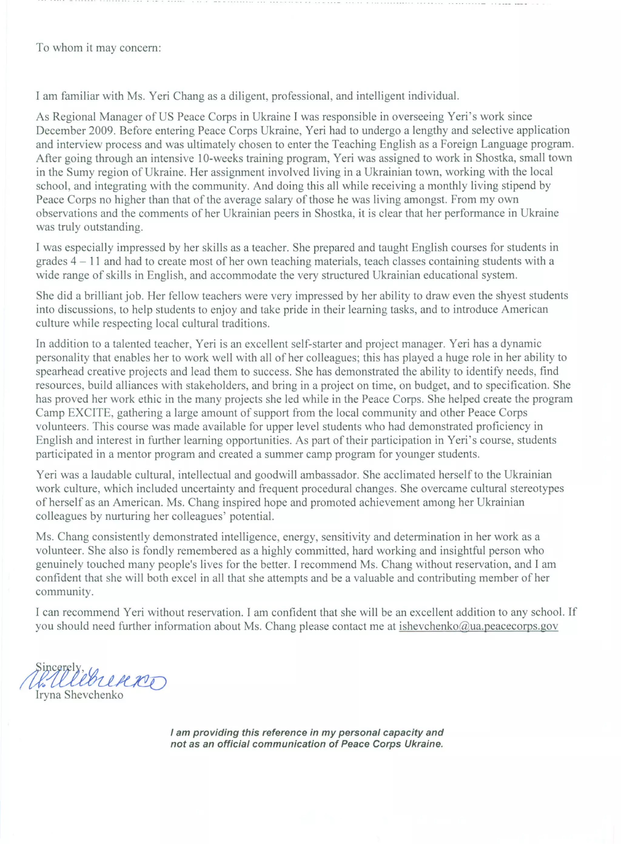 Yeri Chang Rec Letter_Peace Corps | PDF
