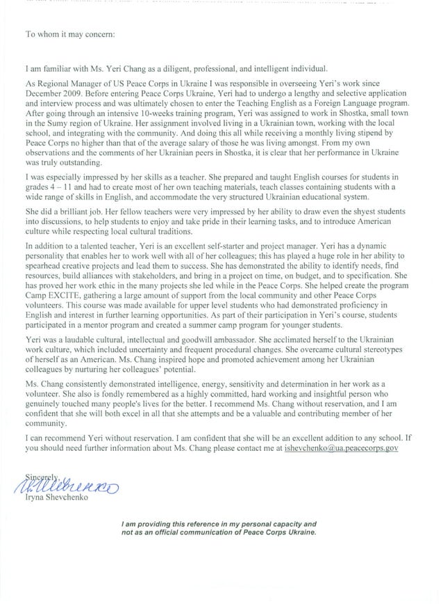 Yeri Chang Rec Letter_Peace Corps | PDF