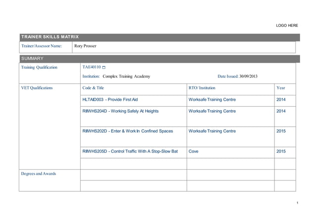 Trainer-Skills-Matrix Rory Prosser | DOCX
