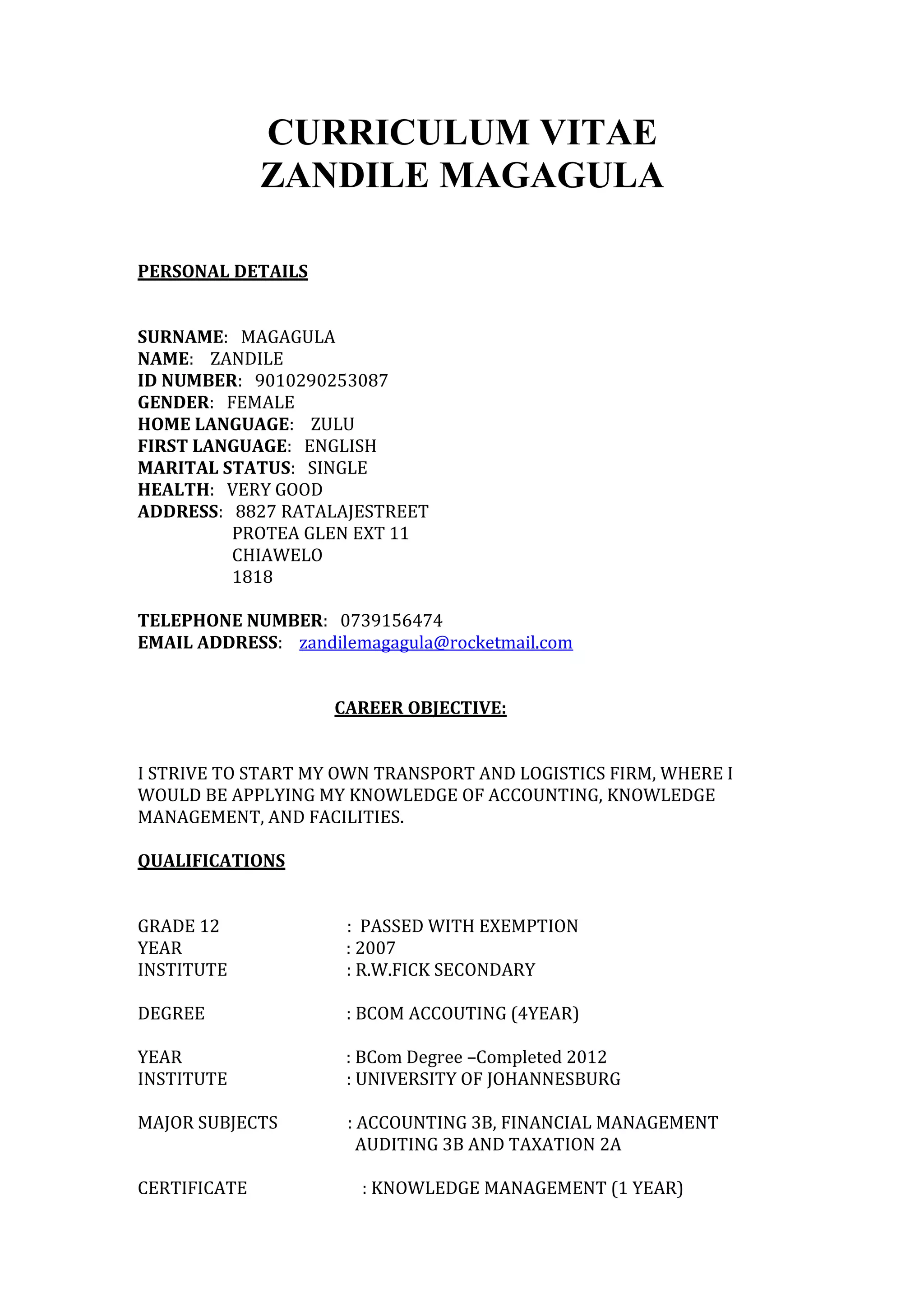 CURRICULUM VITAE OF ZANDILE MAGAGULA | DOC