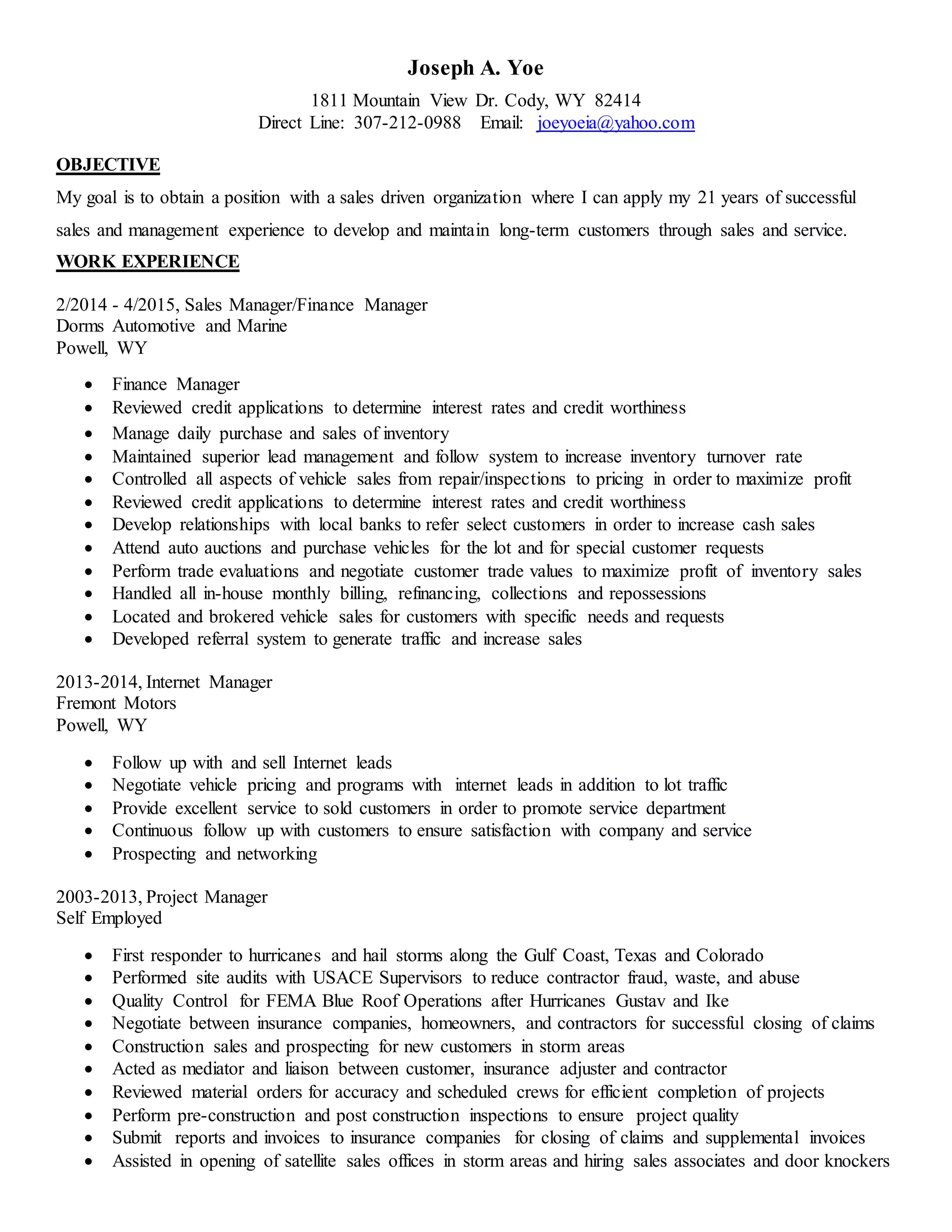 Joe Resume (1) | DOCX | Sales | Business
