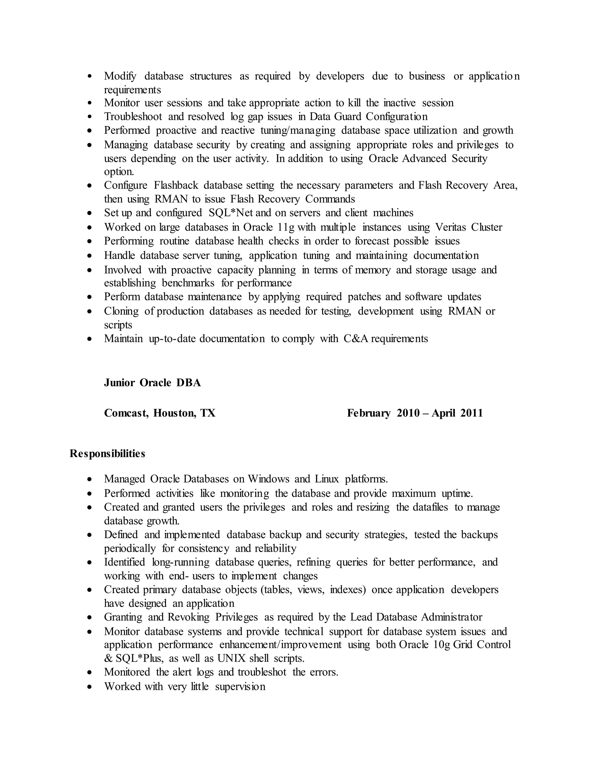 Oracle Dba Resume Docx