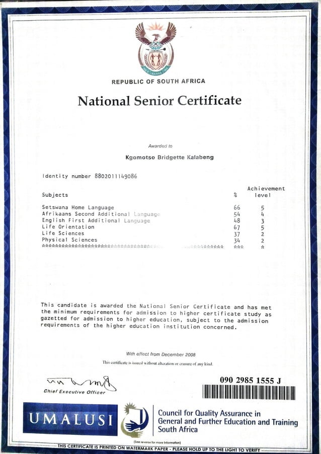 Motso Matric Certificate | PDF