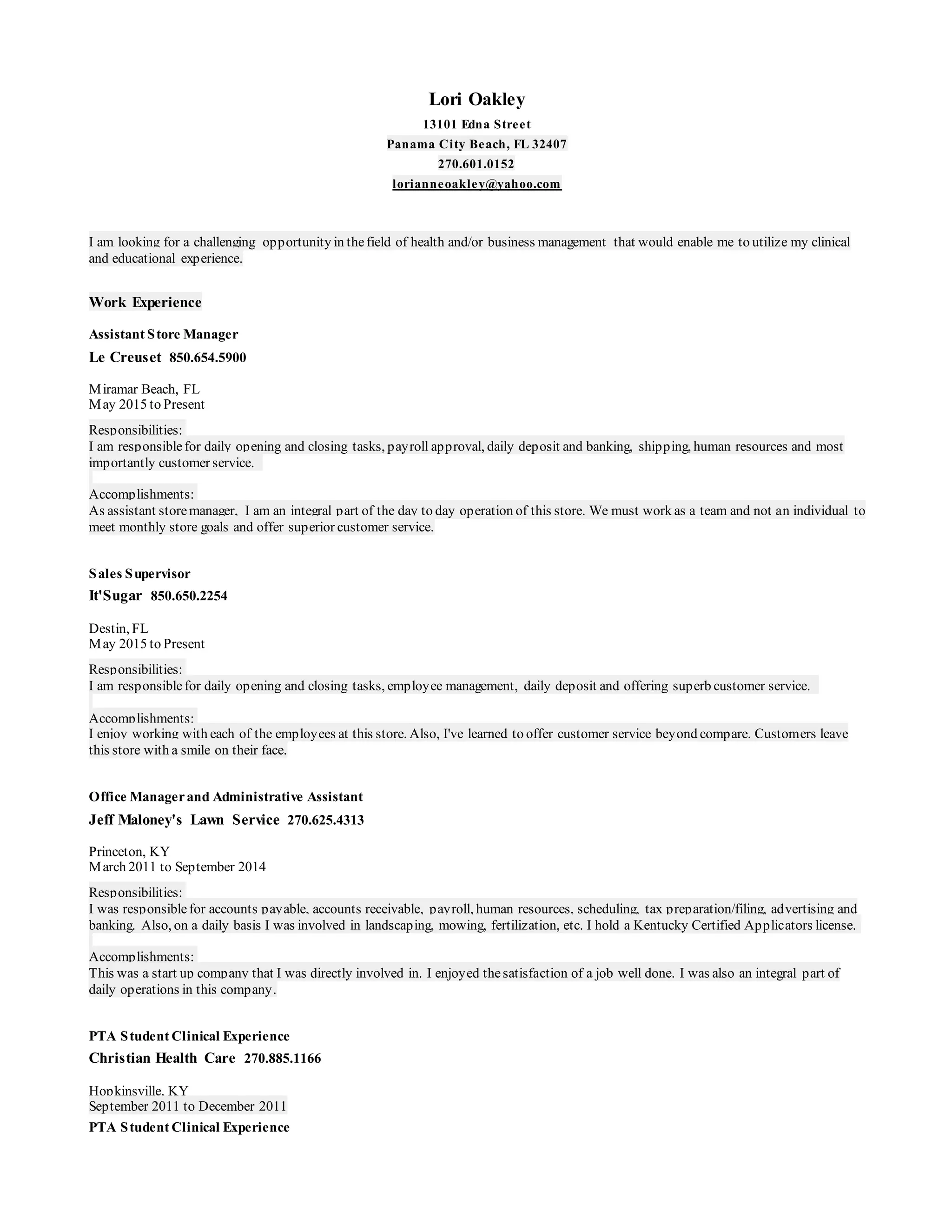 Lori Oakley Resume 10-2015 | DOCX