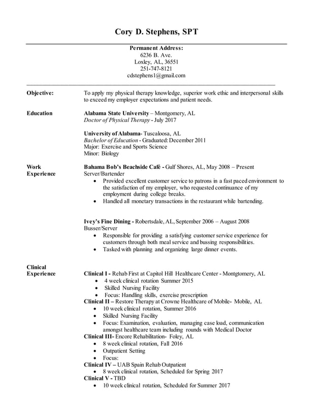 Cory resume rev | DOCX | Physical Therapy | Wellness
