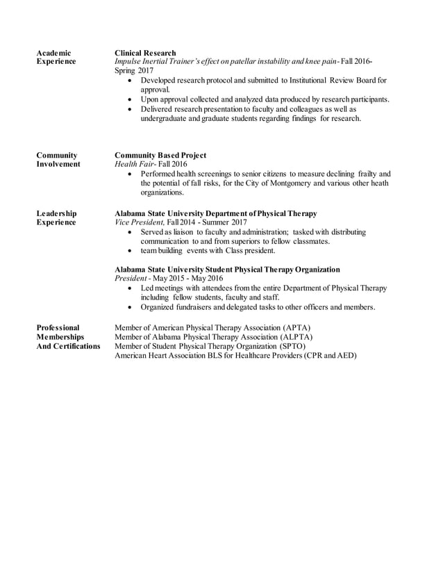 Cory resume rev | DOCX | Physical Therapy | Wellness