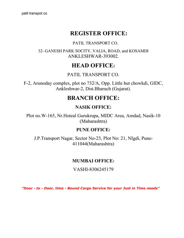 PATIL TRANSPORT COMPANY profile.pdf 4 | PDF | Logistics and ...