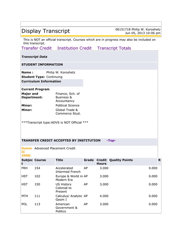 WFU Unofficial Transcript - Philip Koroshetz | PDF