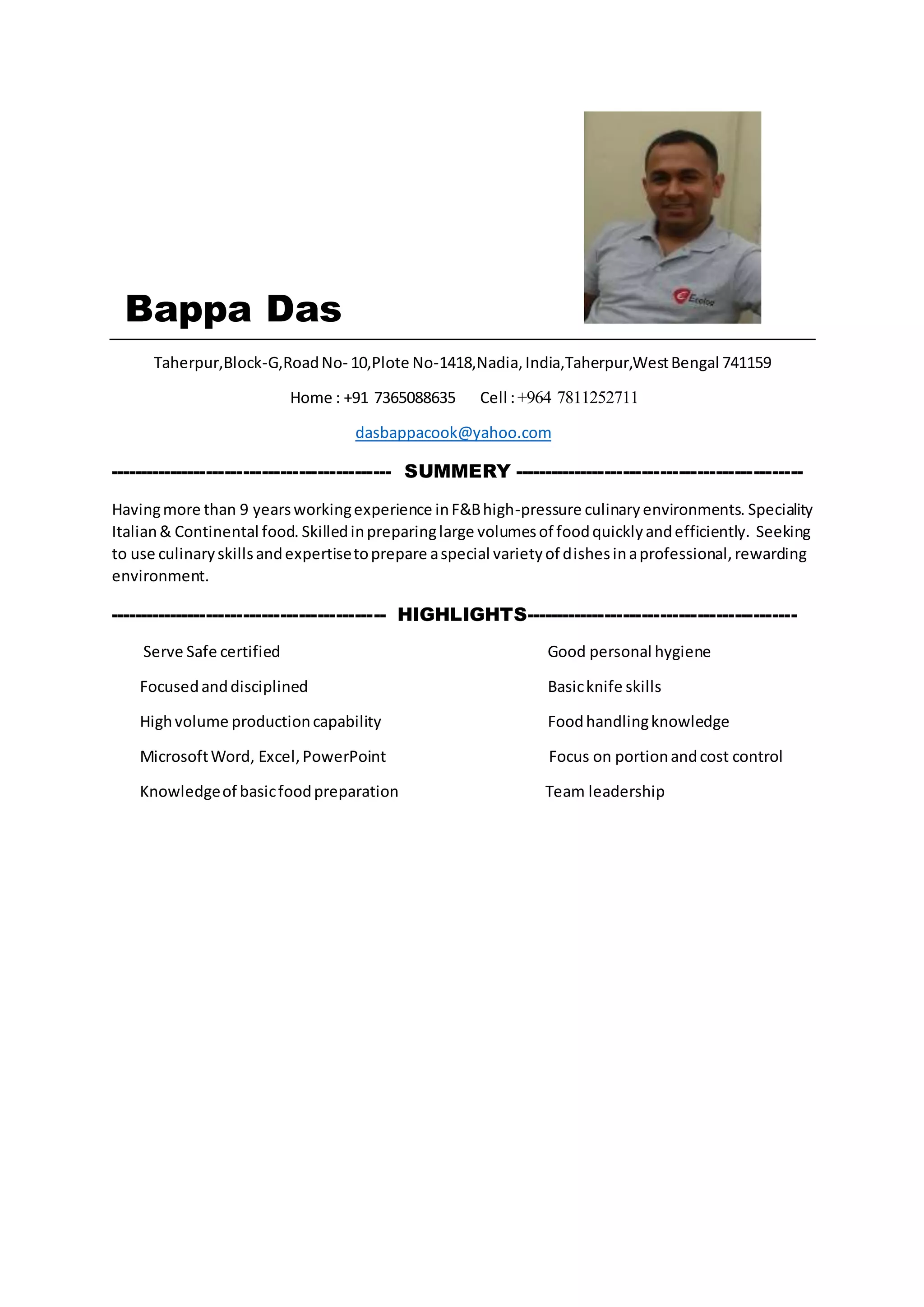 CHEF Bappa das | PDF