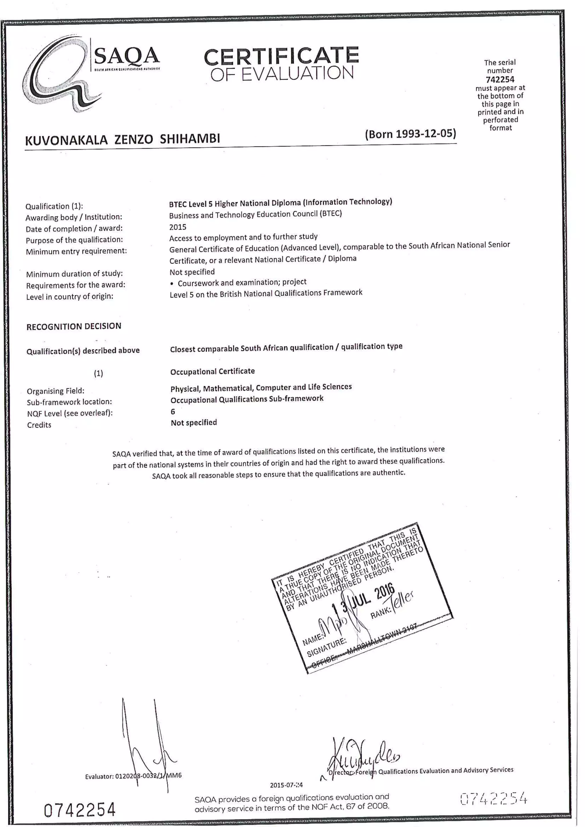 saqa hnd evaluation | PDF