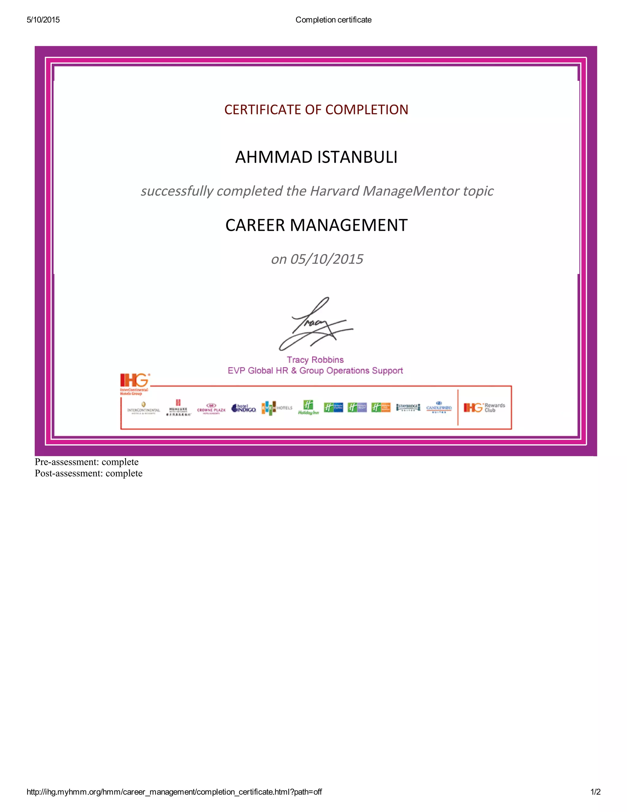 Completion certificate Career Management | PDF