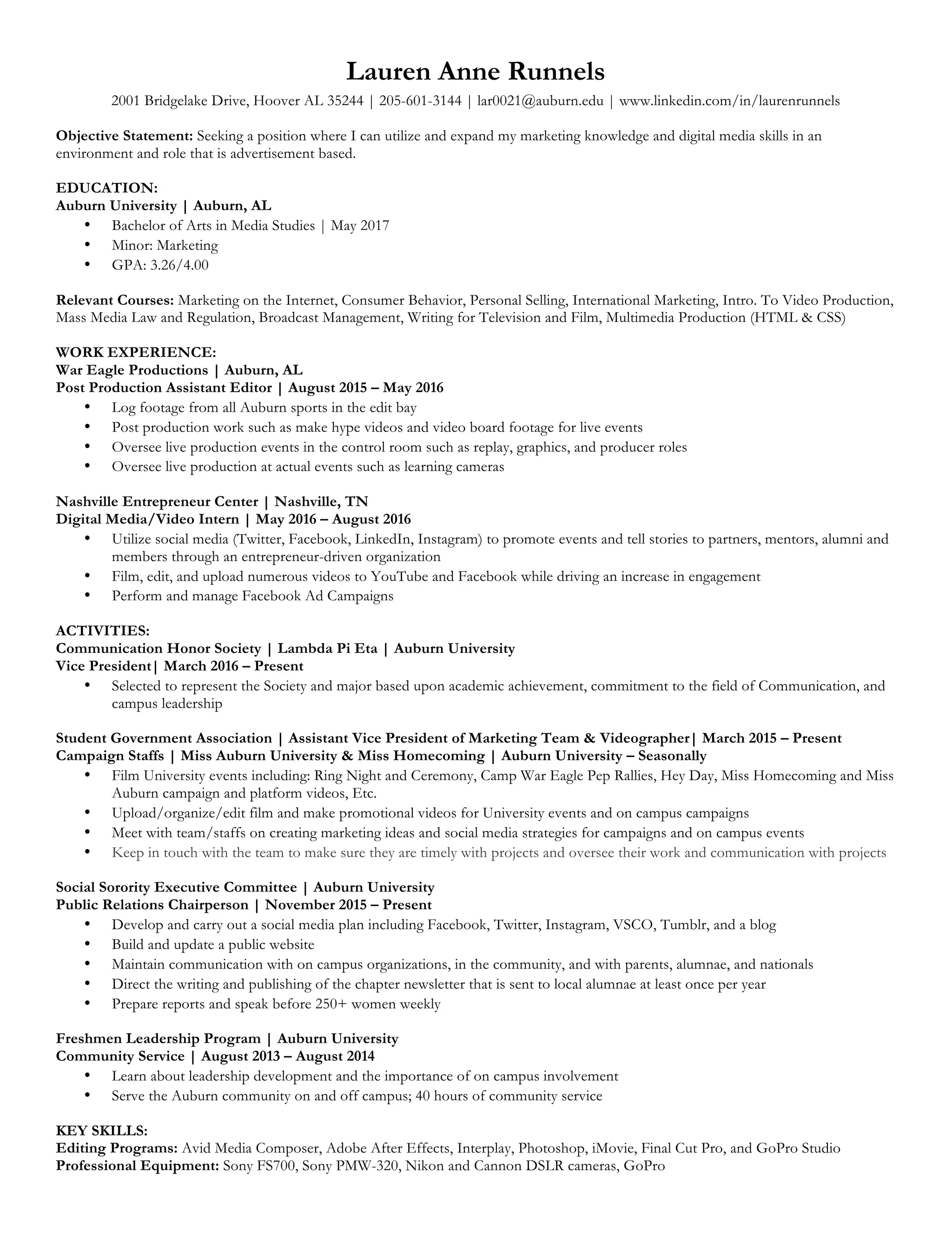 LAUREN RUNNELS RESUME (oct 2016) | PDF