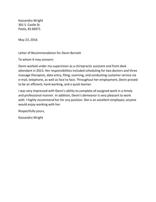 Kassandra Recommendation Letter | PDF