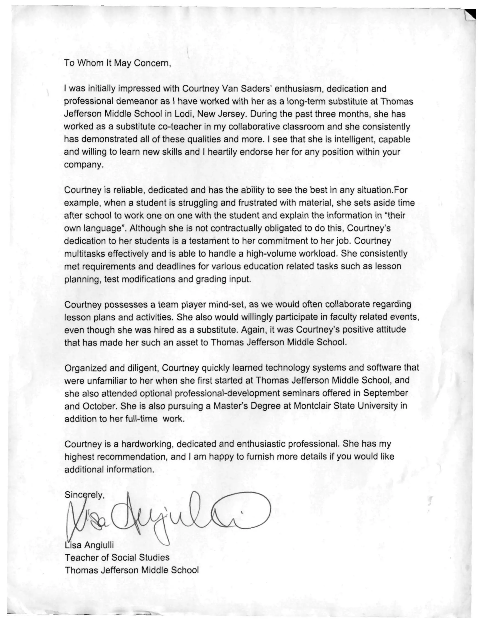 Recommendation letter Lisa Angiulli | PDF