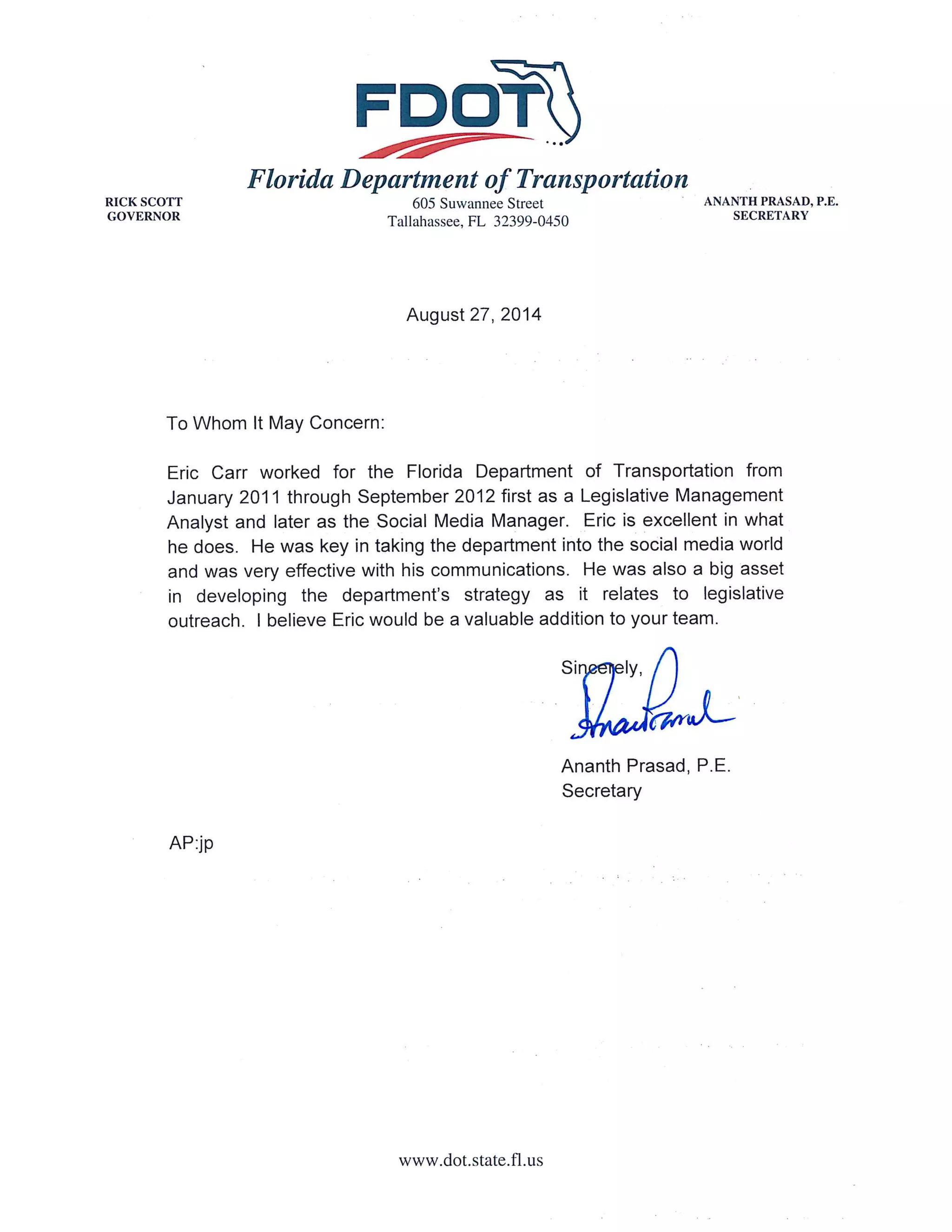FDOT Secretary Ananth Prasad, P.E. - Letter of Recommendation | PDF