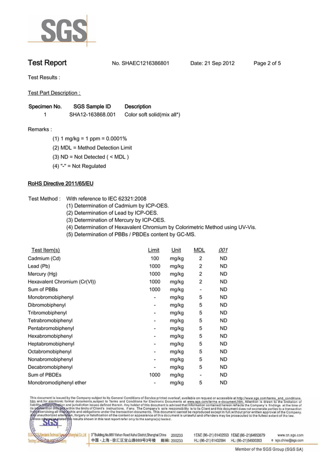 RoHS test report by SGS on 2012