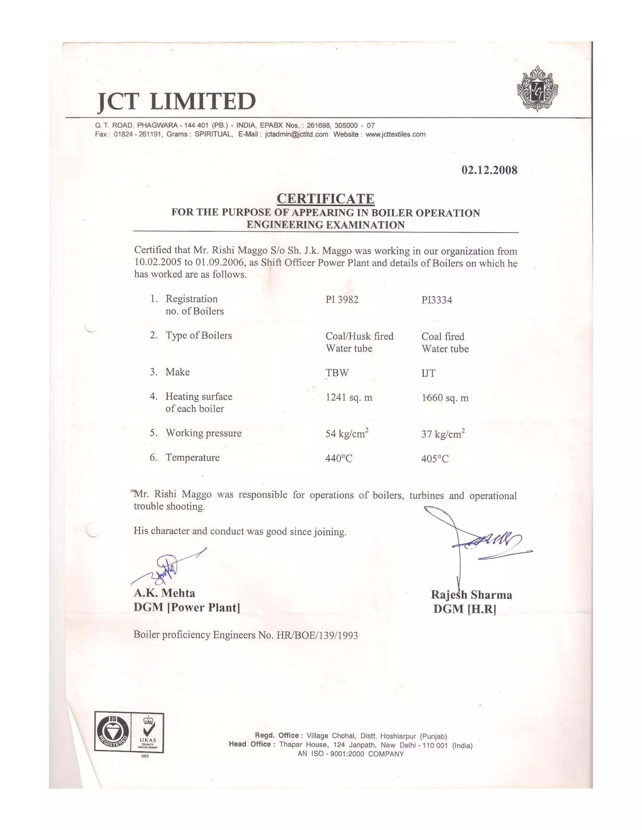 JCT Certificate for BOE | PDF