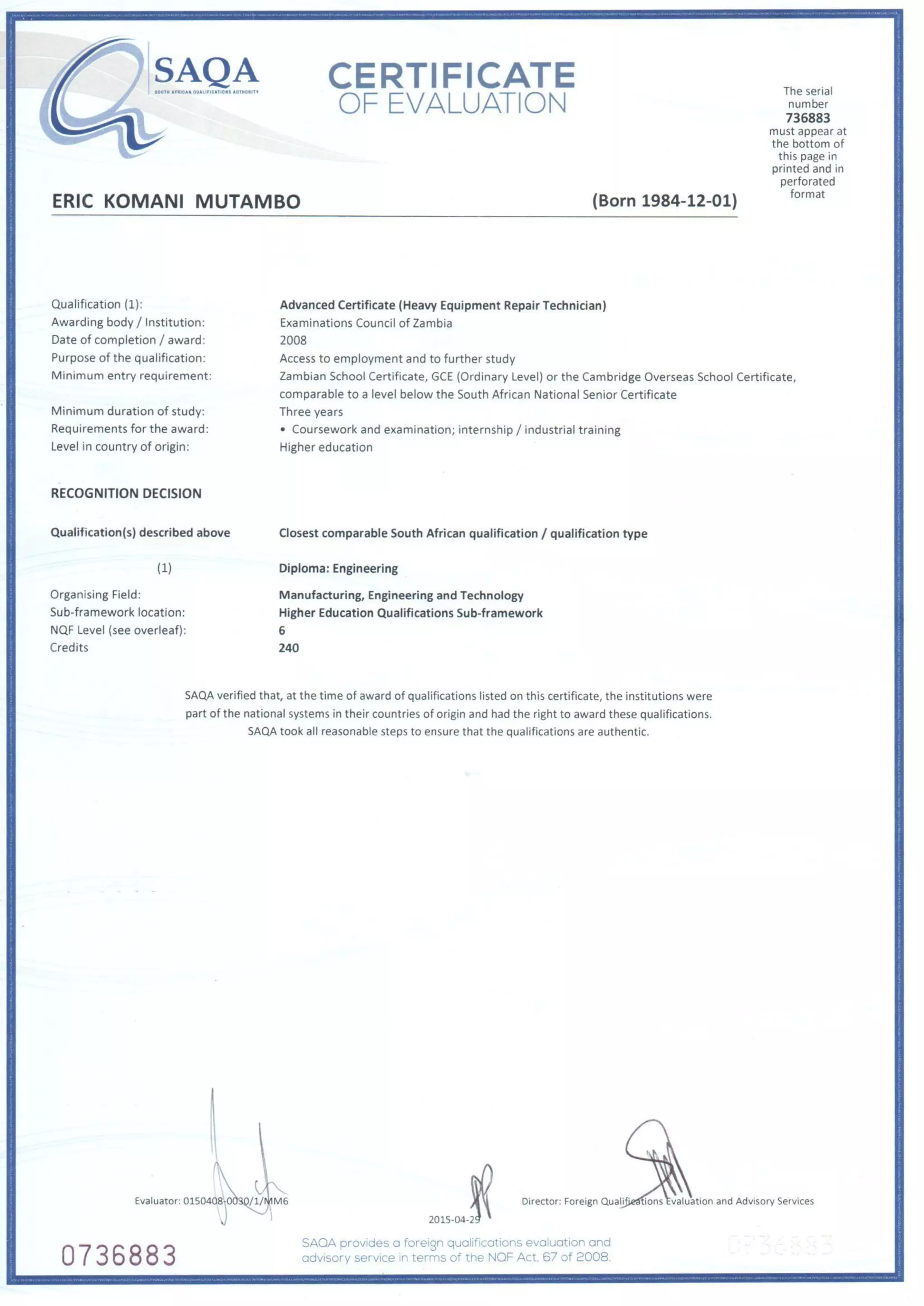 SAQA CERTIFICATE | PDF