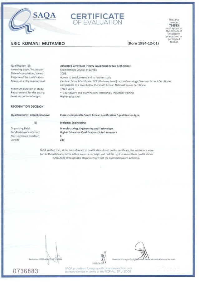 SAQA CERTIFICATE | PDF