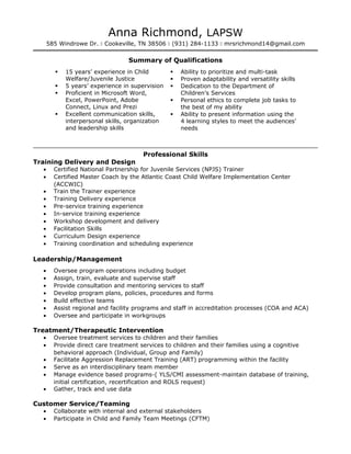 Anna Richmond LAPSW training resume | DOC