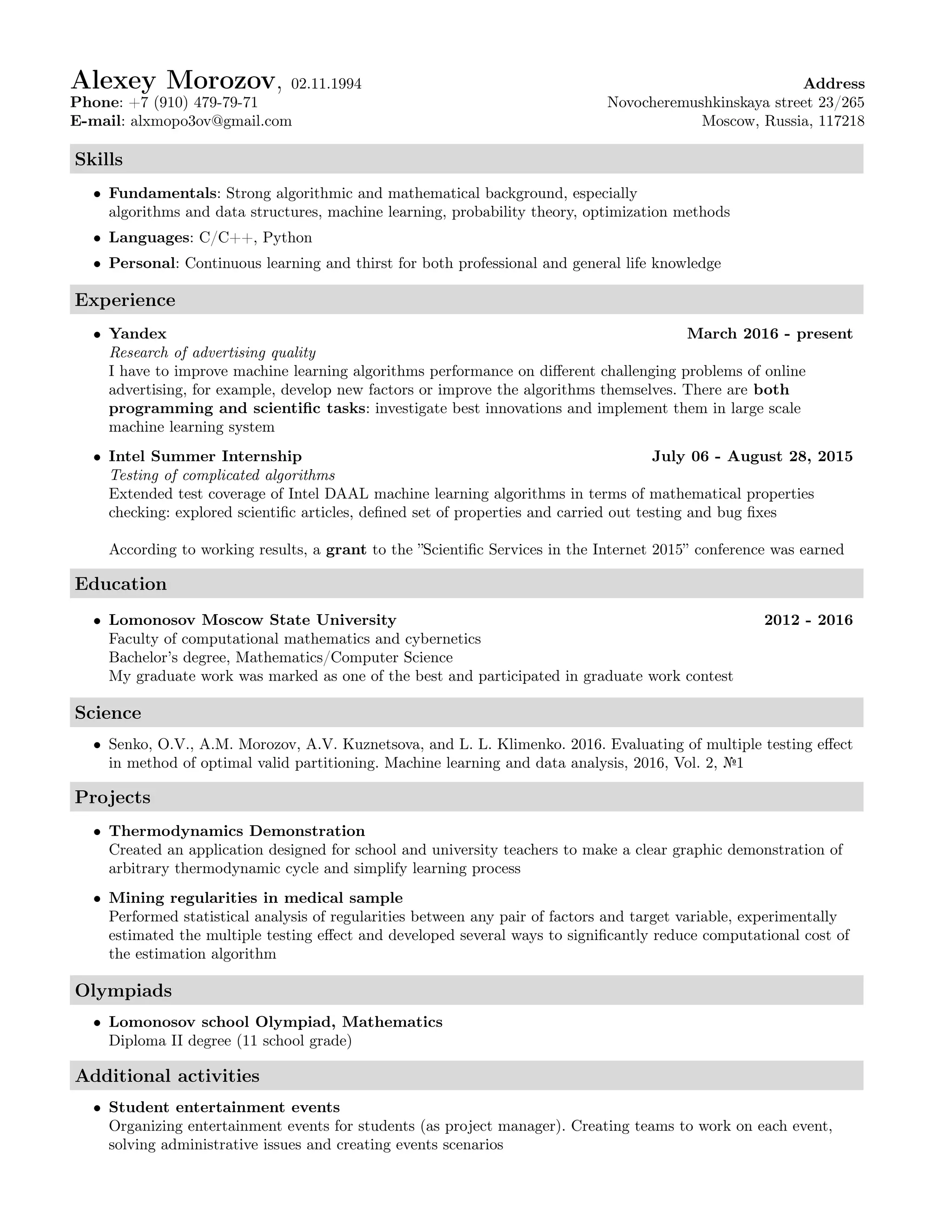 Alexey Morozov Resume | PDF