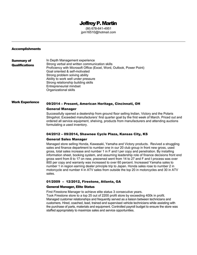 Jeff Martin, Resume march 2015 update | DOC | Sales | Business