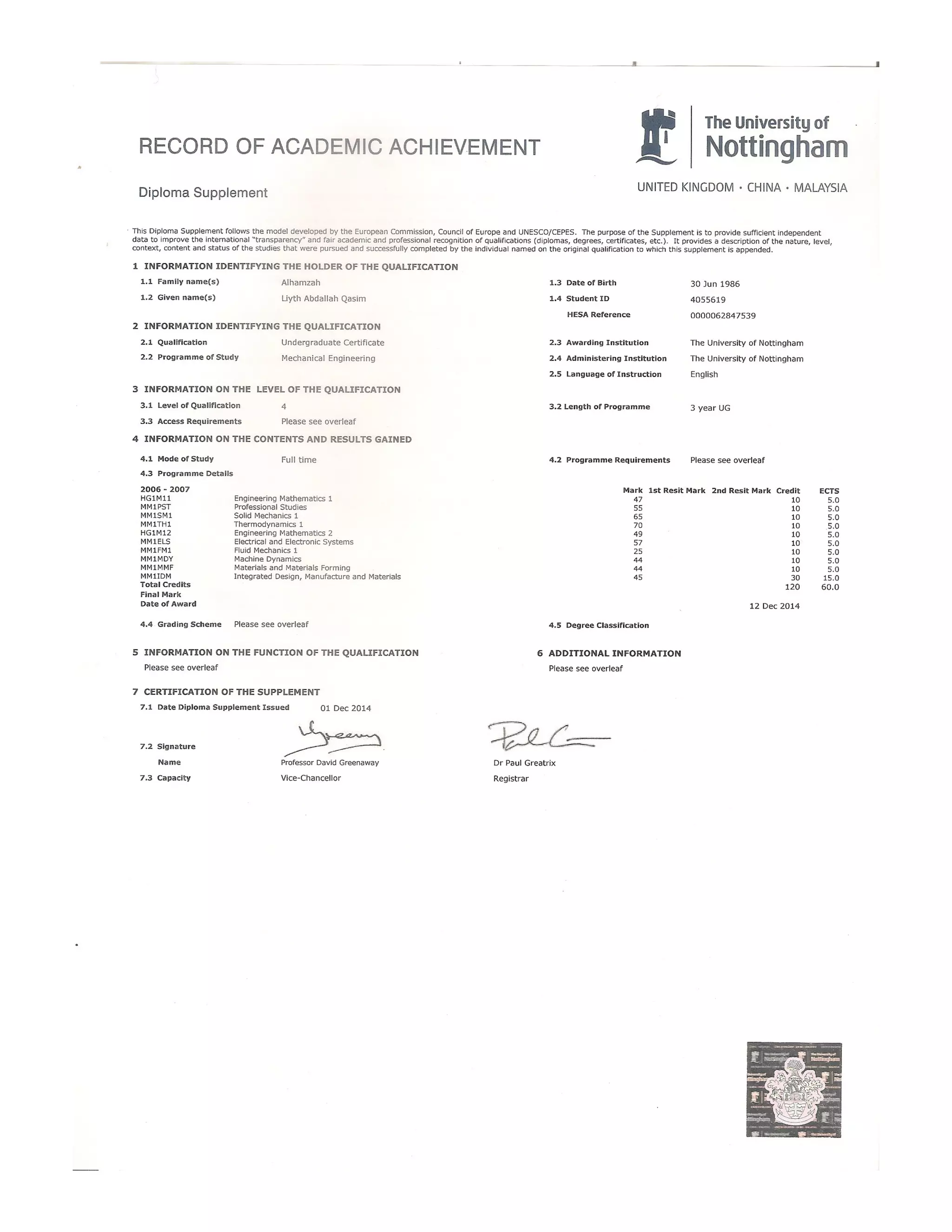 Uni. of Nottingham transcripts - LIYTH ALHAMZAH year 1 | PDF