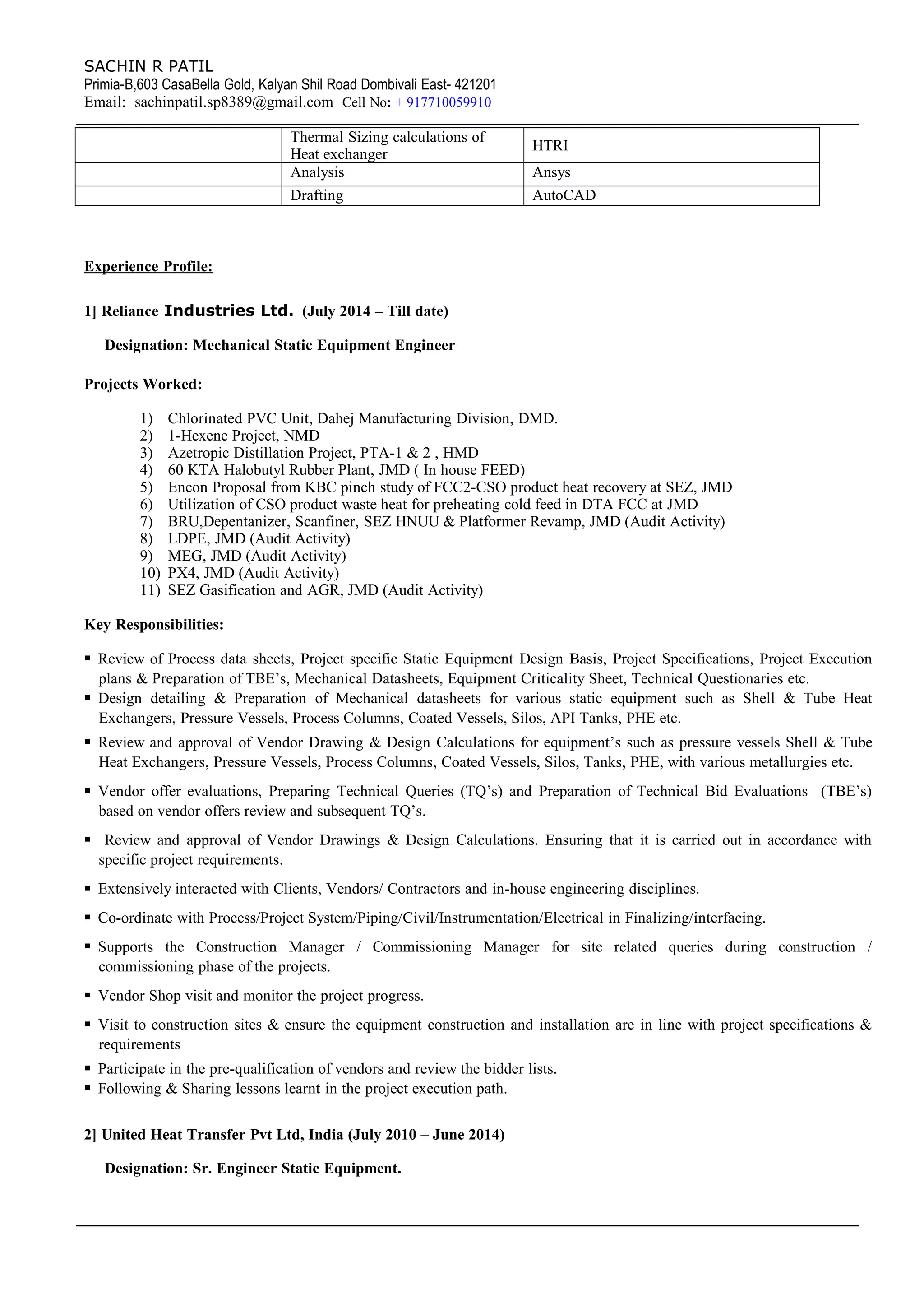 Resume_Mechanical(Static Equipments Engineer) SRP 9.5 yrs experience | DOC