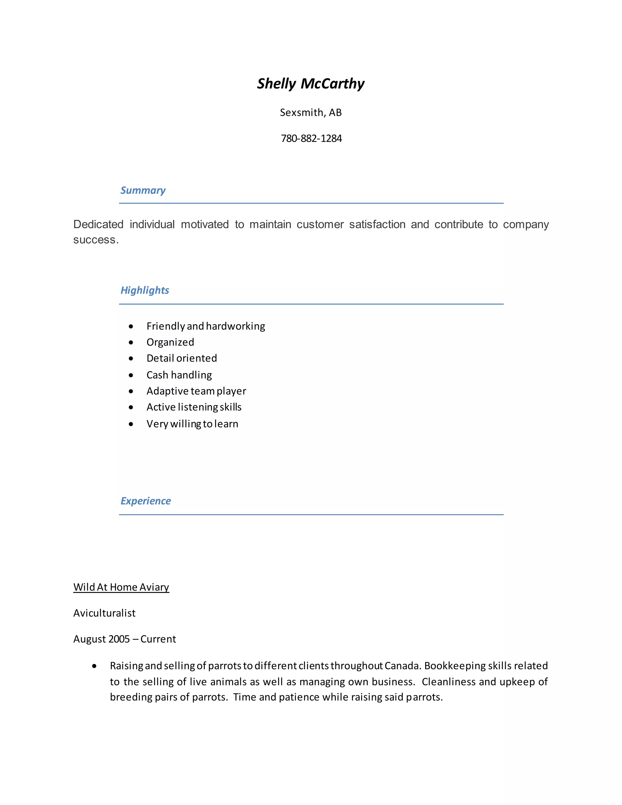Shelly McCarthy resume | DOCX | Birds | Pets