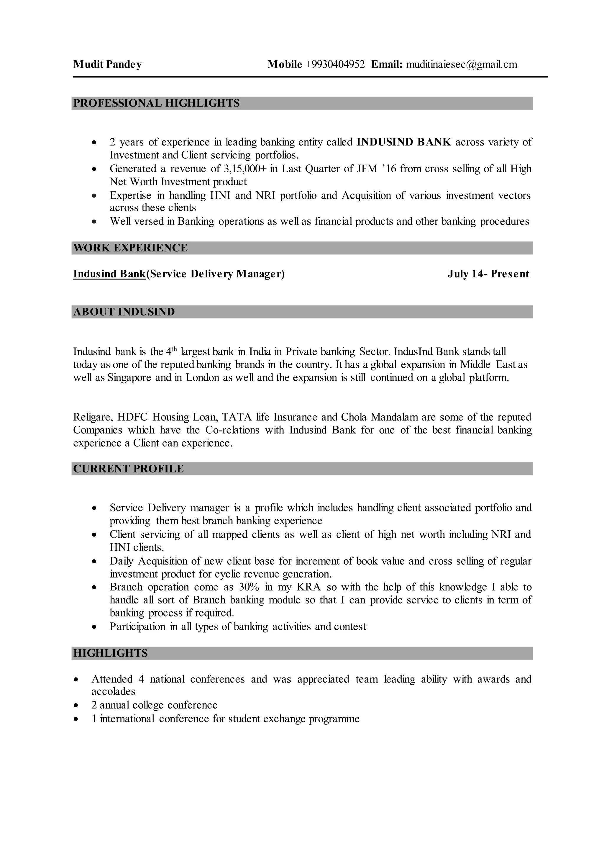 Resume - MUDIT 2016 | DOCX | Business Banking & Finance | Business