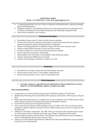 Resume Amol Agaskar Specialist Payroll and Benefits | PDF