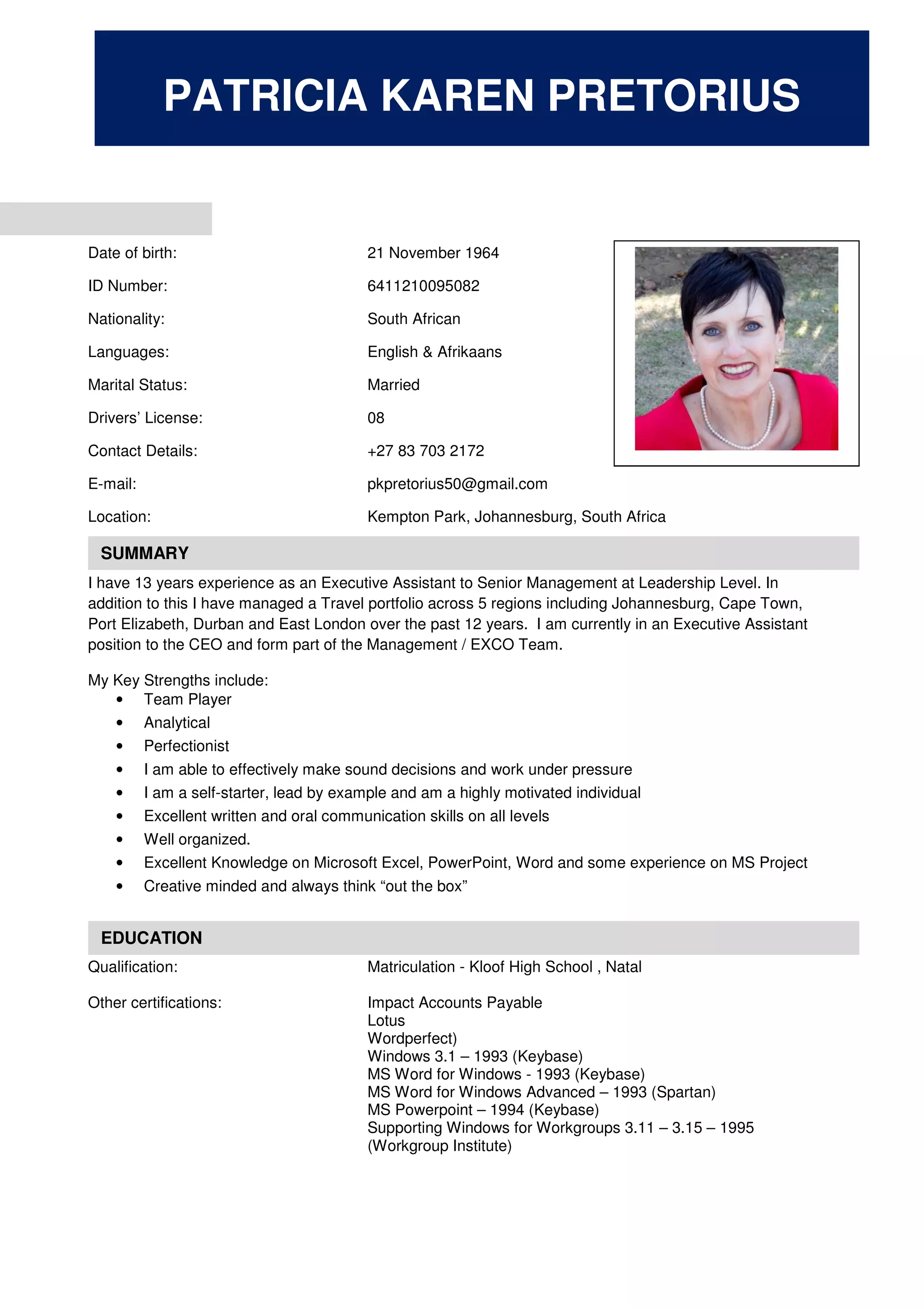 CV- Karen Pretorius 2016 | PDF
