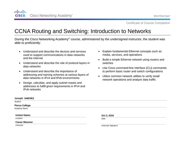 CCNA Introduction to Networks Cerificate of completion | PPT